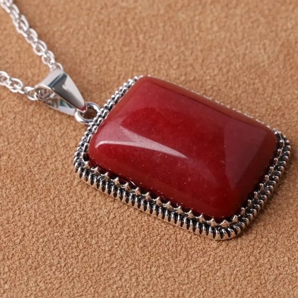 Jewelry | Rectangle Red Stone Pendant Necklace With Silver Chain ...
